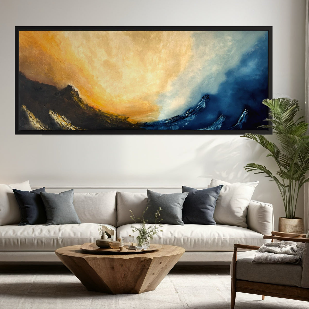 Extra Large Narrow Blue and Yellow Abstract Oil Painting – Ray's Art Room